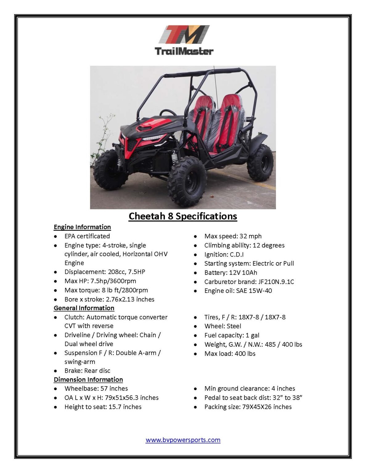 Trailmaster Cheetah 8 Off Road UTV / Go Kart / side-by-side with ...
