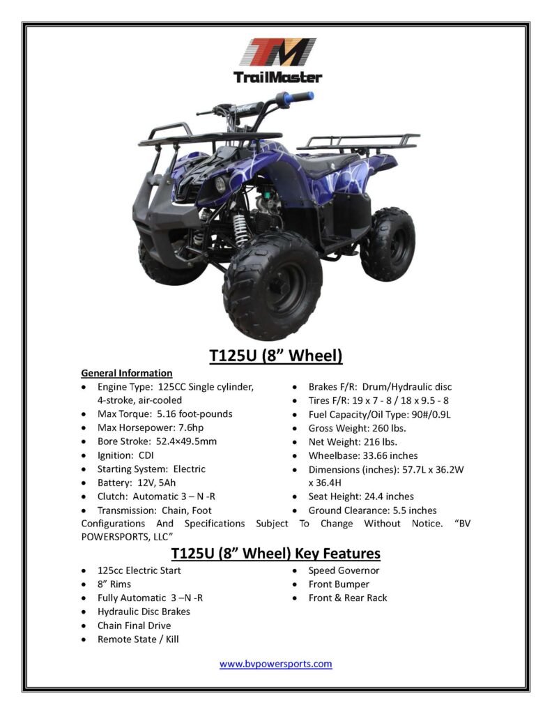 Trailmaster T125U Rancher style, ATV 125cc 8″ rims 19 inch Tires ...
