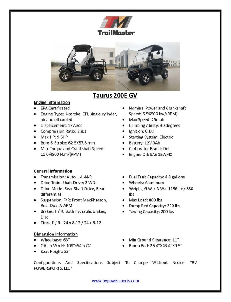 TrailMaster Taurus 200E-GV UTV / Golf Cart / side-by-side Fuel Injected ...